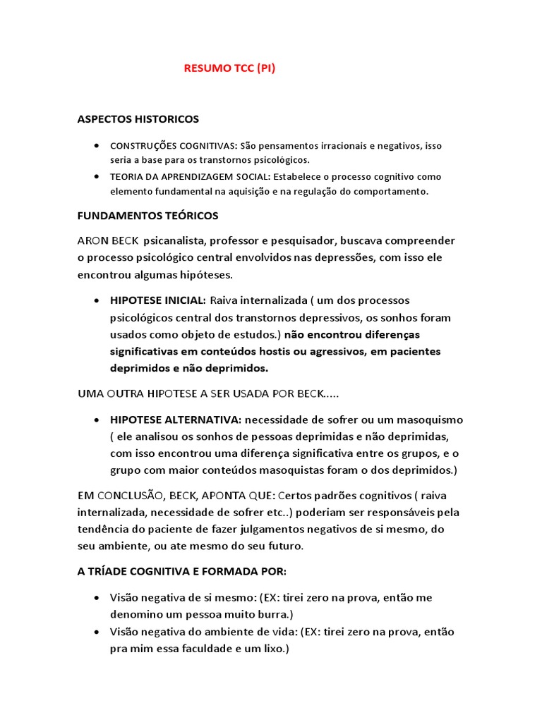 RESUMO TCC Prova Parcial | PDF | Terapia cognitiva comportamental | Psicoterapia