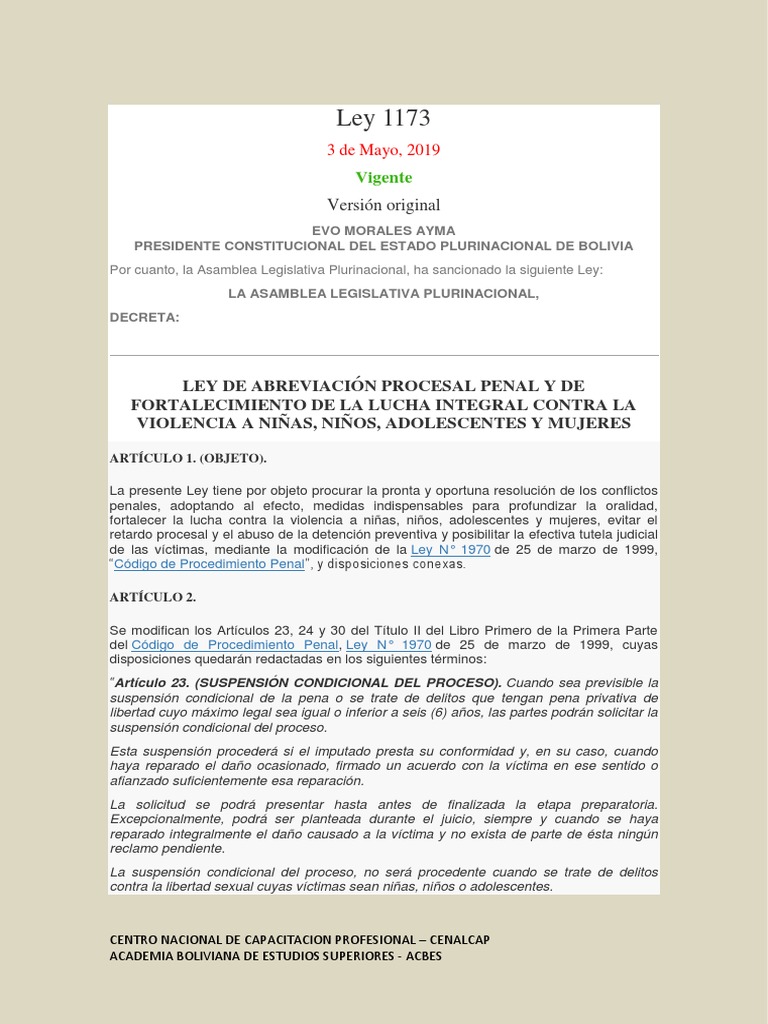 Ley 1173 | PDF | Juez | Policía