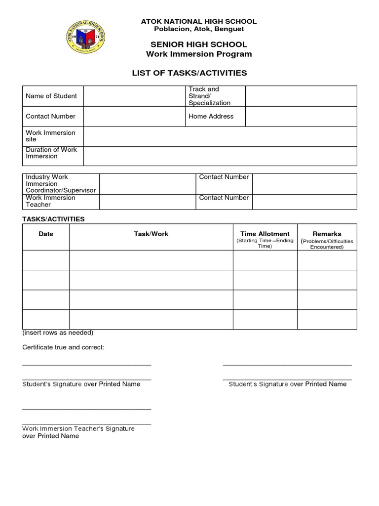 Work Immersion Activity Sheet | PDF