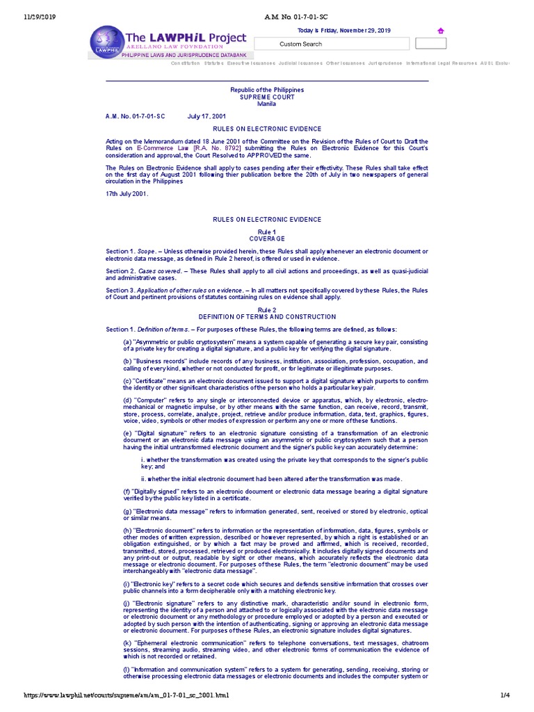 Rules on Electronic Evidence SC 01-7-01 | PDF | Affidavit | Authentication