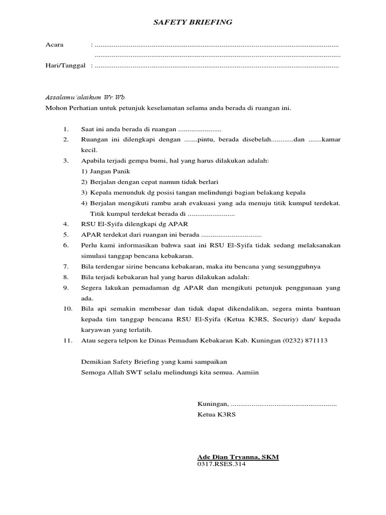 Contoh Teks Safety Briefing | PDF
