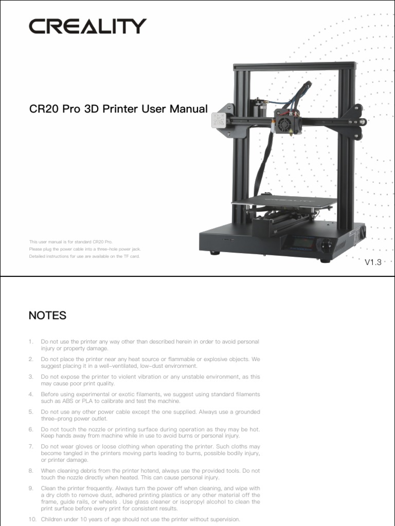 CR20 Pro 3D Printer User Manual | PDF | Extrusion | Manufactured Goods