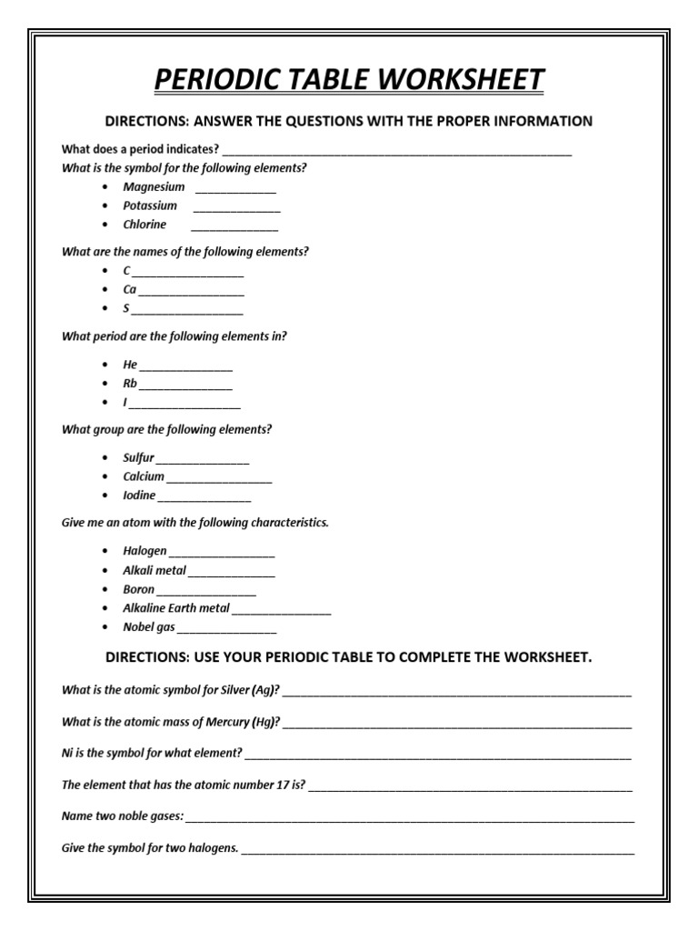Periodic Table Worksheet | Download Free PDF | Chemical Elements ...