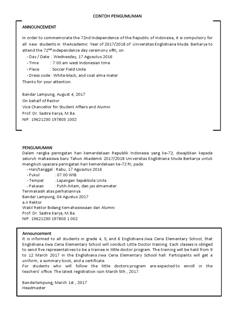 Contoh Pengumuman | PDF | Karier & Perkembangan