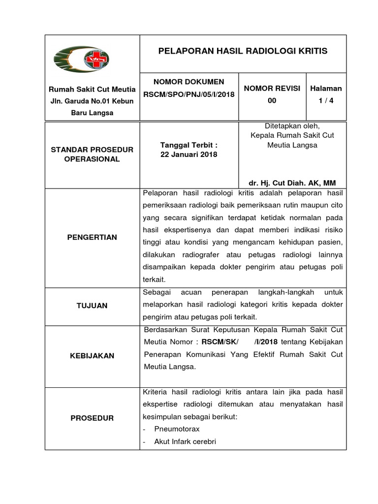 Spo Pelaporan Hasil Kritis Radiologi | PDF