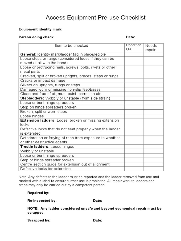 Access Equipment Checklist | PDF