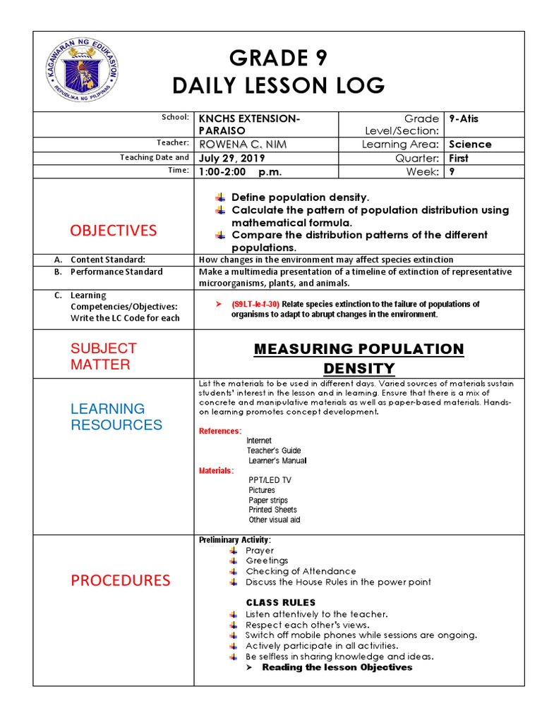 DLL in Science 9 Population Density | PDF | Ecosystem | Learning