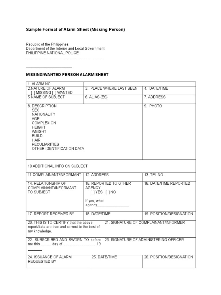 Sample Format of Alarm Sheet (Missing Person) | PDF