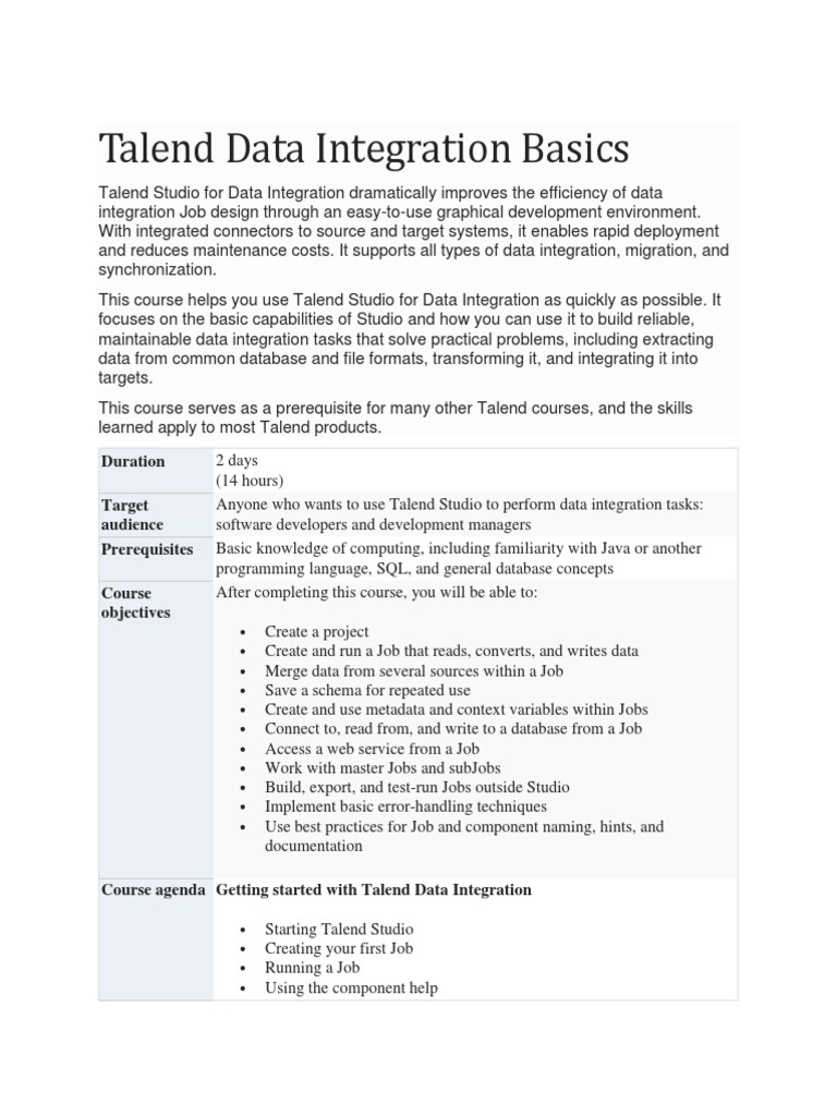 Talend Data Integration Basics | PDF | Metadata | Databases Talend Data Integration Basics | PDF | Metadata | Databases