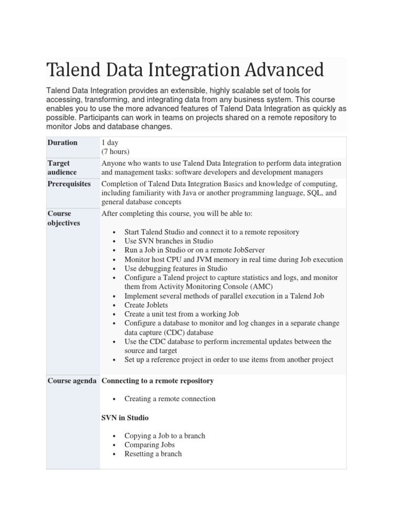Talend Data Integration Advanced | PDF | Debugging | Databases Talend Data Integration Advanced | PDF | Debugging | Databases