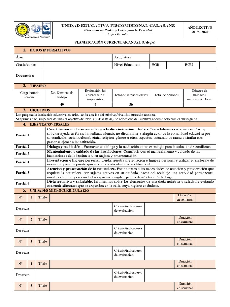 Formato Pca 2019 - 2020 Colegio | PDF | Plan de estudios | Cognición