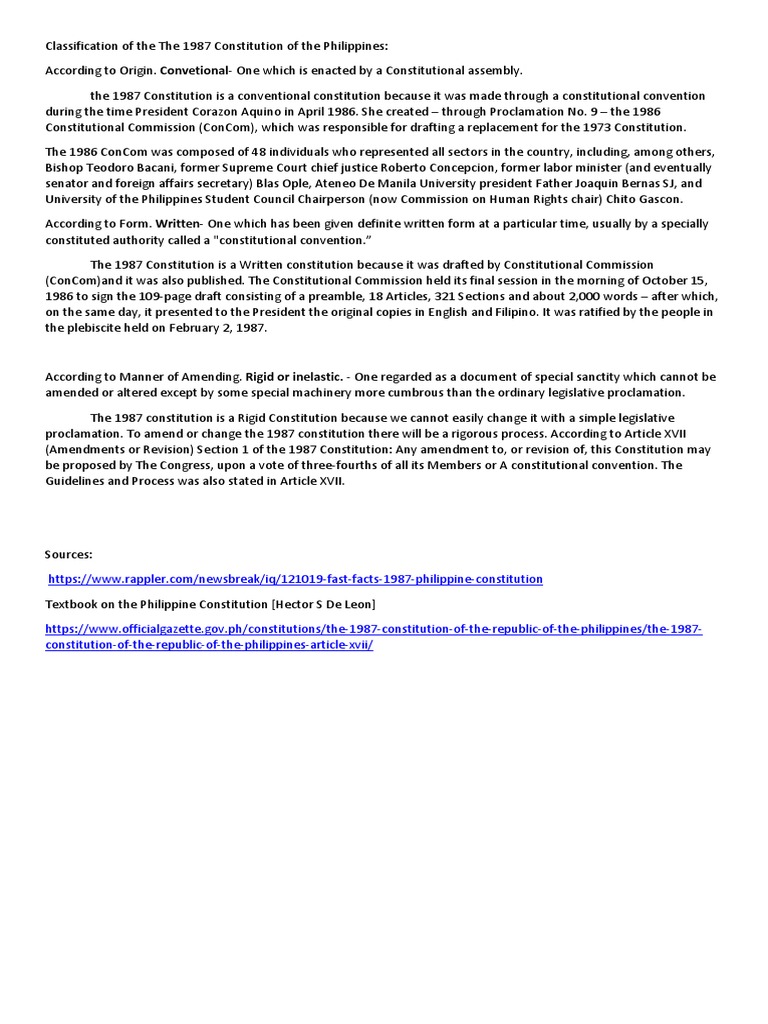 Classification of The The 1987 Constitution of The Philippines | PDF ...