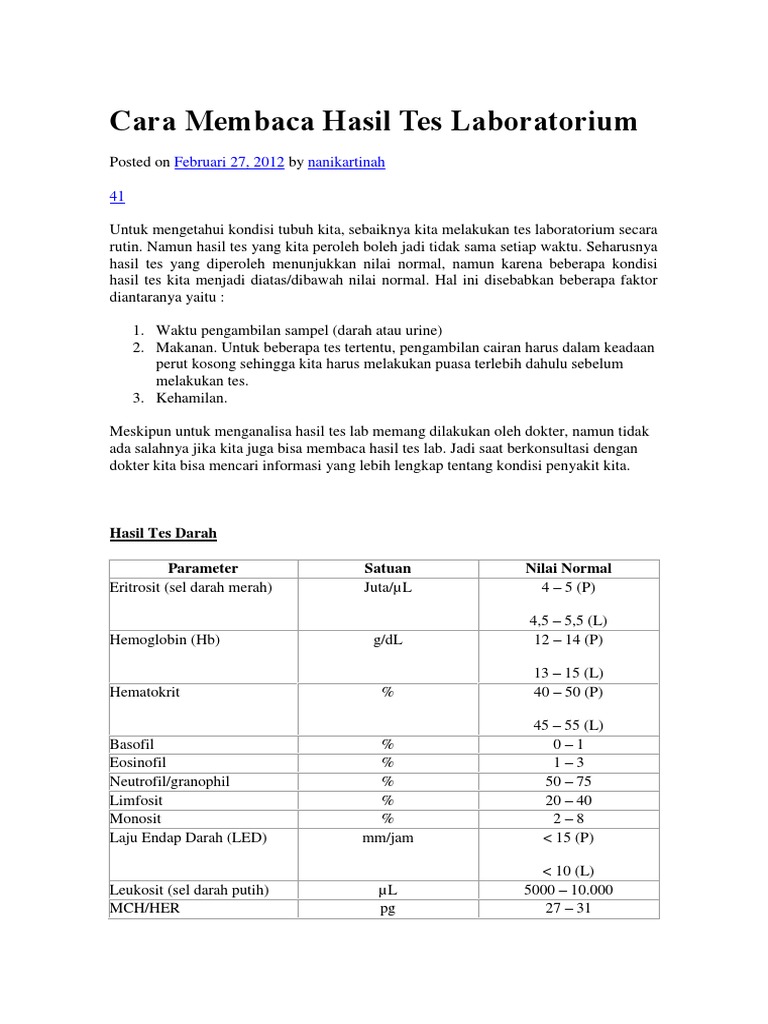 Cara Membaca Hasil Tes Lab | PDF