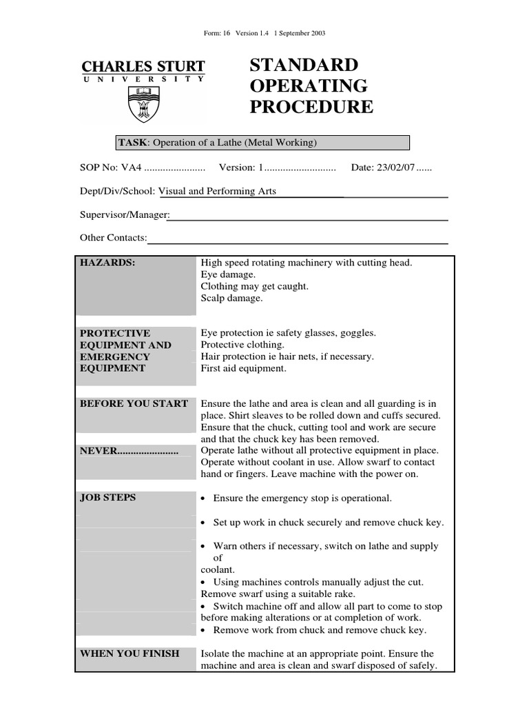 Lathe Sop | PDF | Personal Protective Equipment | Manufactured Goods
