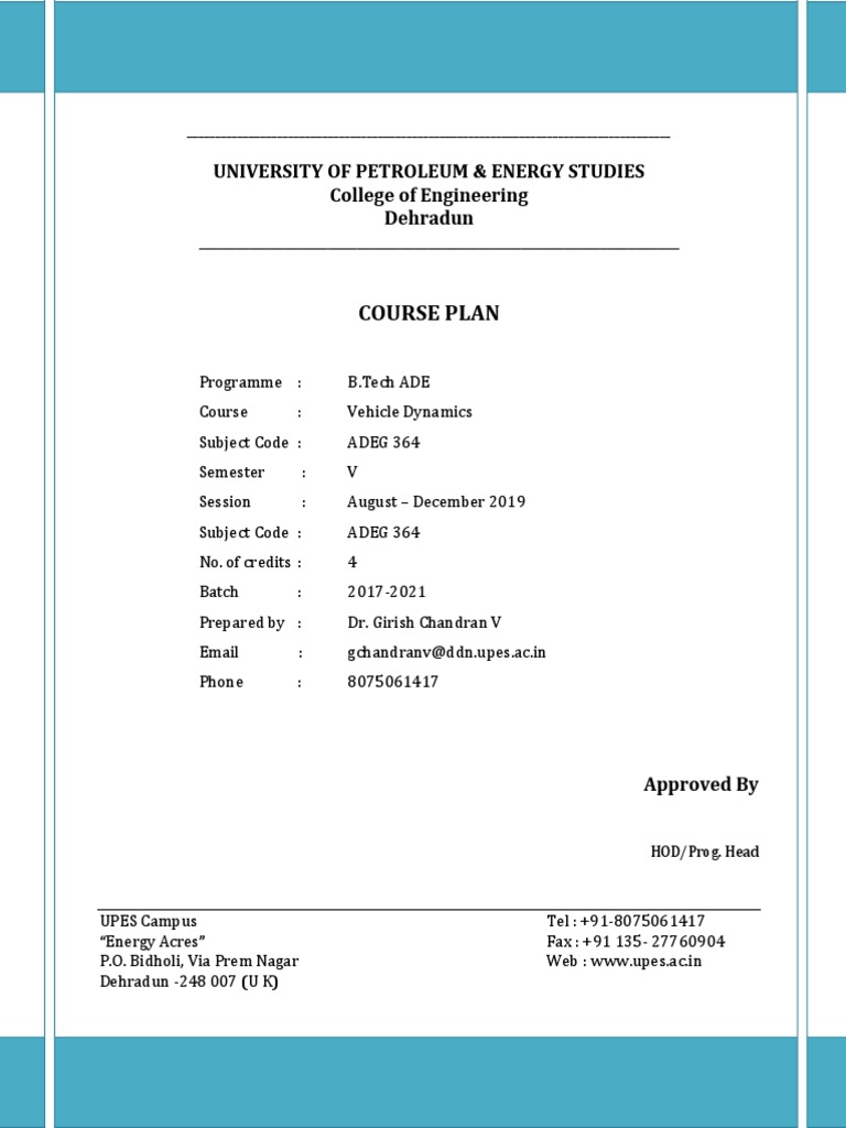 Vehicle Dynamics Course Plan | PDF | Educational Technology | Engineering