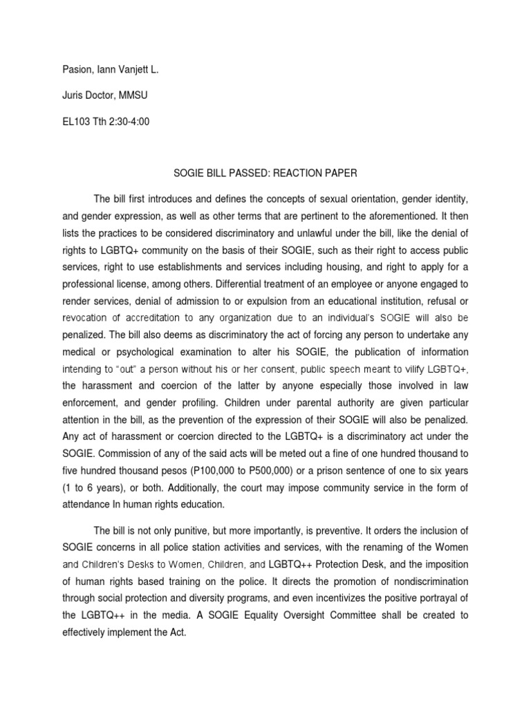 Sogie Bill Reaction Paper | PDF | Lgbt | LGBTQIA+ Studies