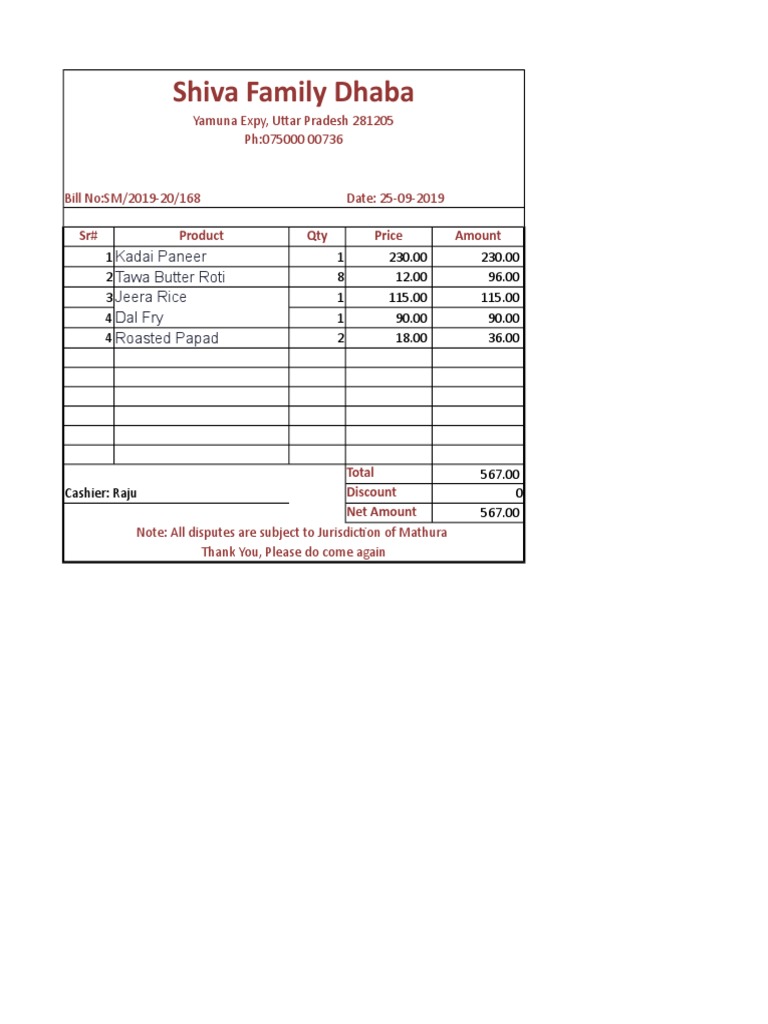 Dhaba Food Bill Format Example | PDF