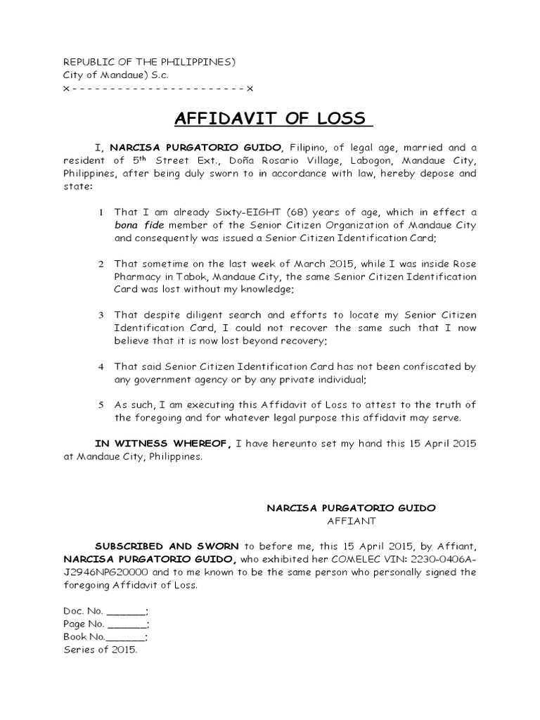 Affidavit of Loss Senior Citizen ID | PDF