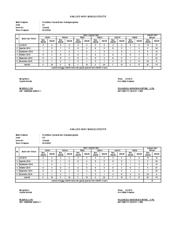 Analisis Hari-Minggu Efektif & Prota PKN 2019-2020 | PDF