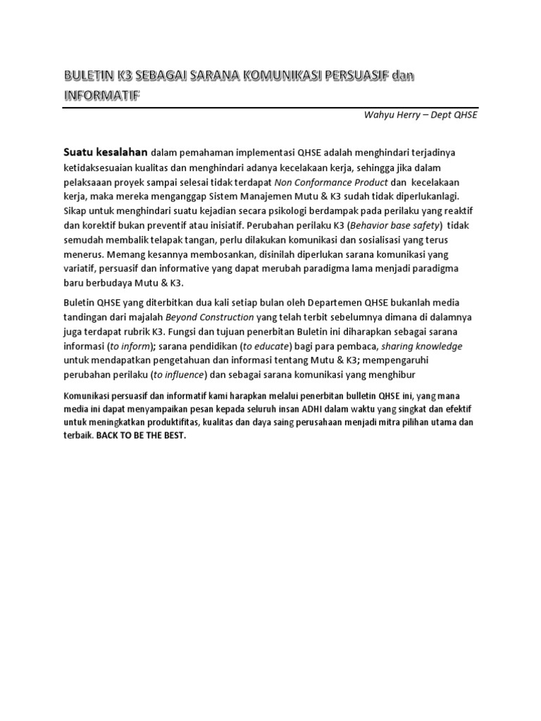 Buletin k3 Sebagai Sarana Komunikasi Persuasif Dan Informatif | PDF ...