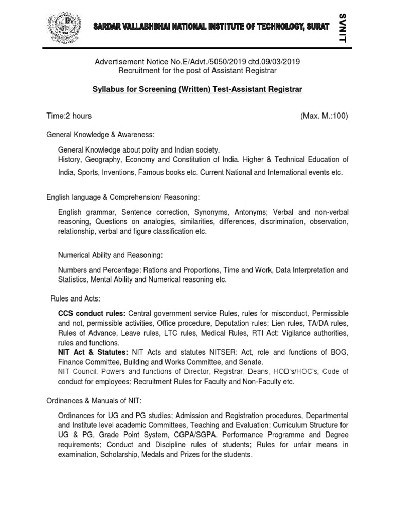 Sylabus Written Test For Assistant Registrar Svnit | PDF | Business ...