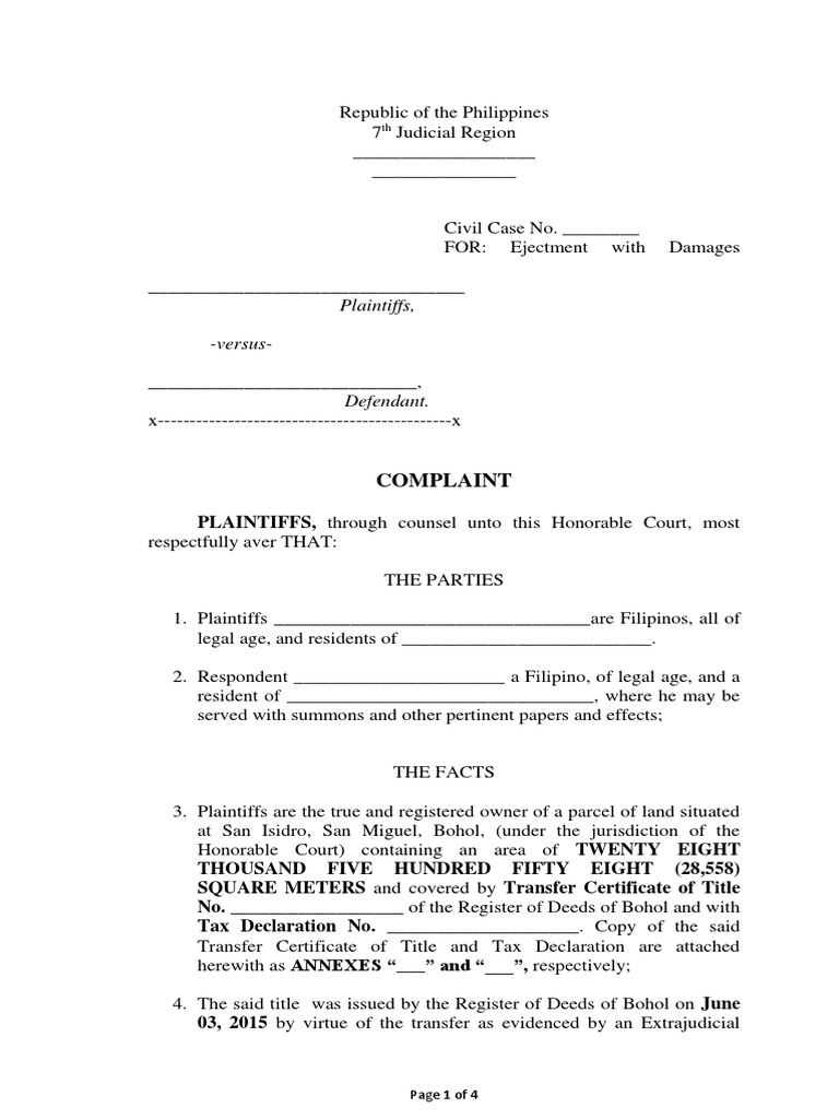 Ejectment Complaint for Forcible Entry | PDF | Lawsuit | Damages