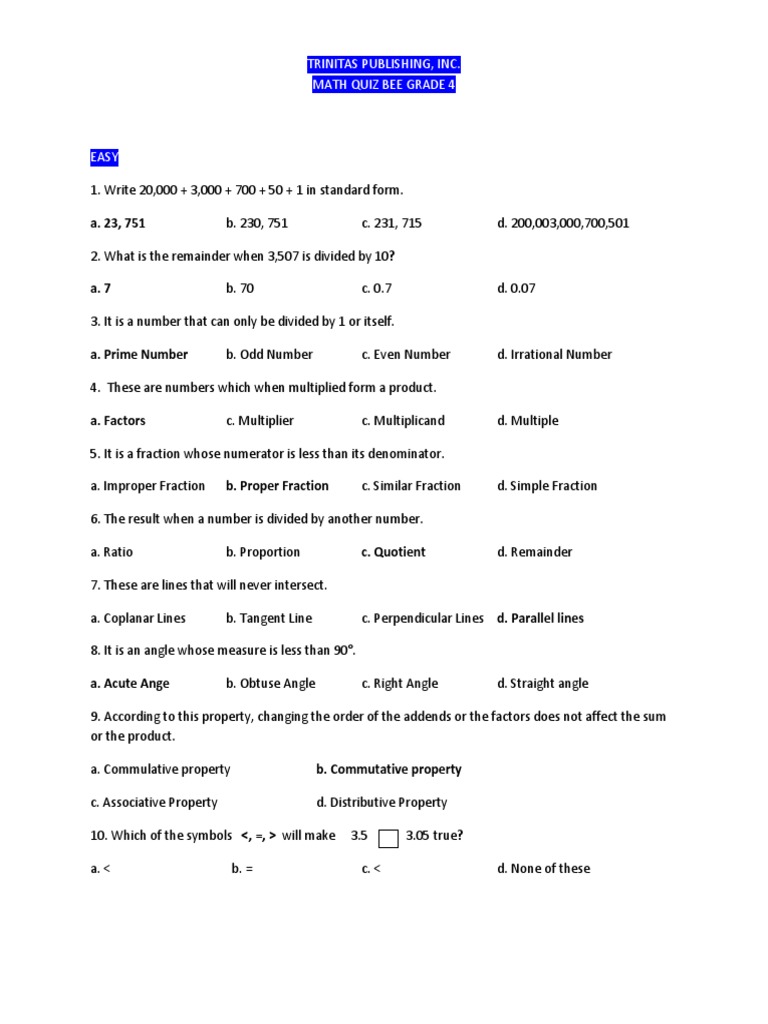 Math Quiz Bee Grade 4 | Download Free PDF | Fraction (Mathematics ...