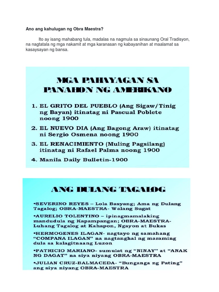 Ano Ang Kahulugan NG Obrang Maestra | PDF
