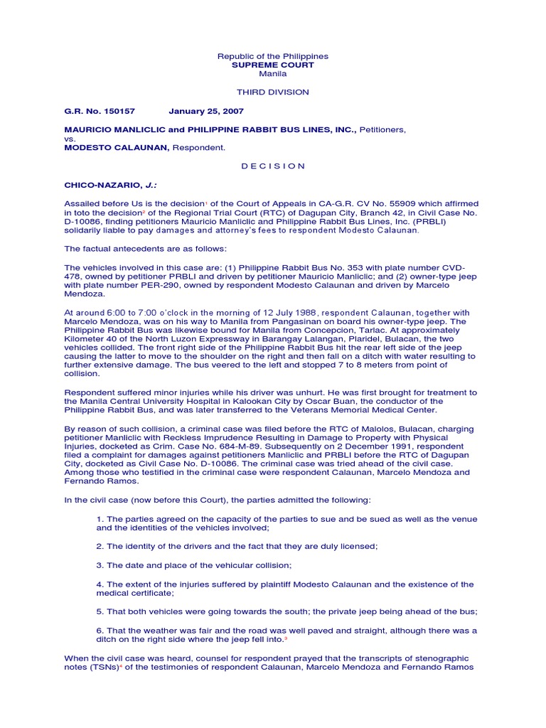 Manliclic vs. Calaunan: Collision Liability | PDF | Hearsay | Witness