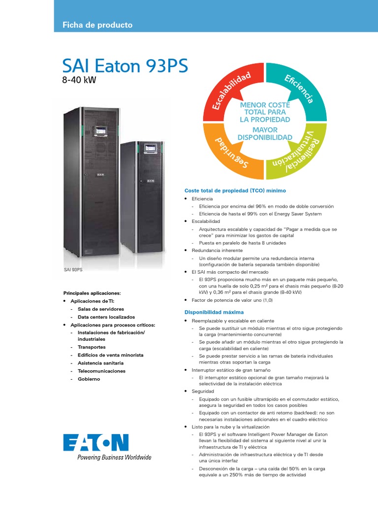 Eaton 93PS 8-40 KW Data Sheet Español | Vatio | Electrónica