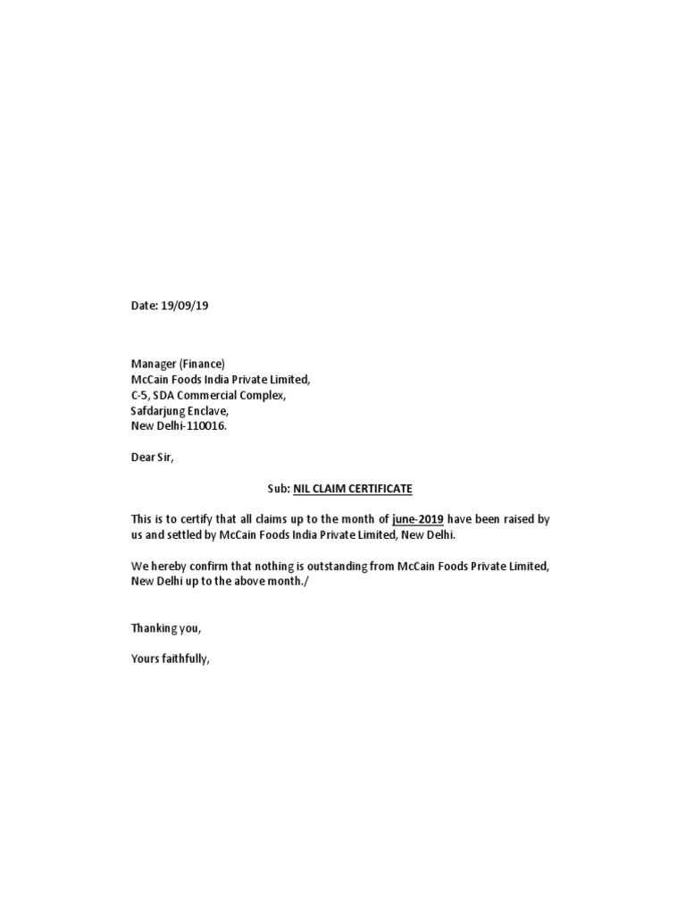 Nil Claim Certificate | PDF