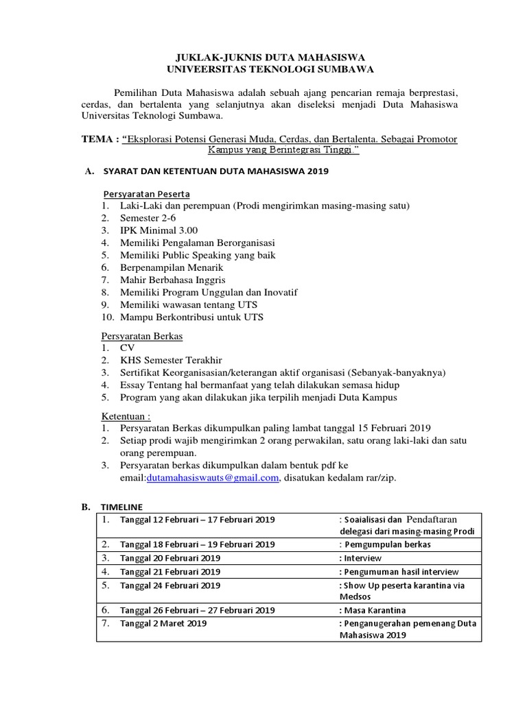 Contoh Juklak Juknis Kegiatan Duta Mahasiswa | PDF