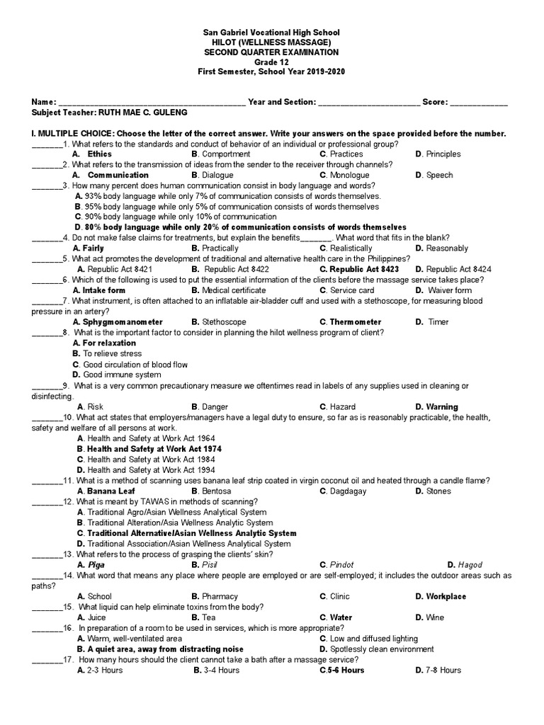Wellness Exam | PDF | Massage | Test (Assessment)