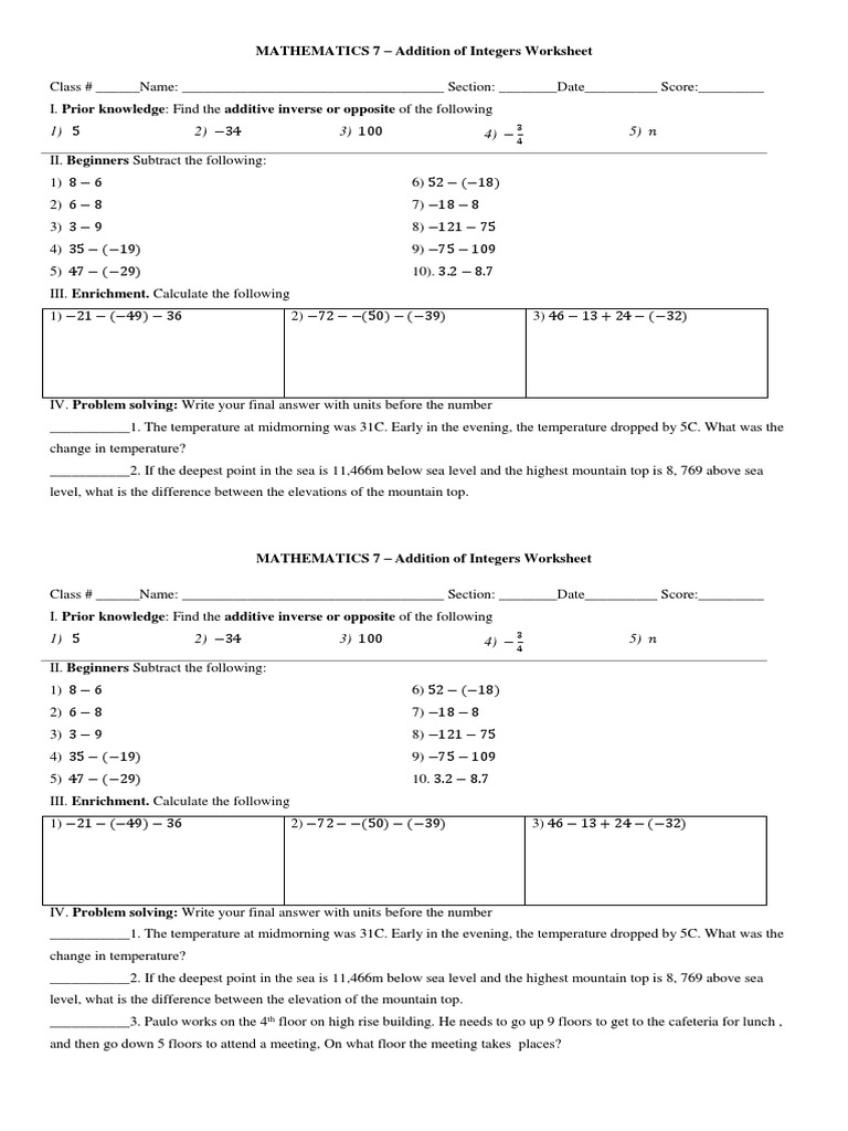 Grade 7 Integer Operations Worksheet | PDF | Subtraction | Arithmetic