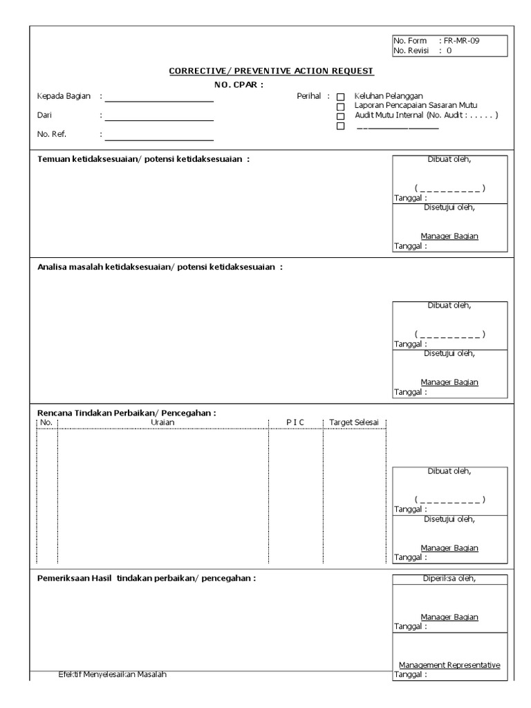 Example Form Corrective Preventif Action | PDF