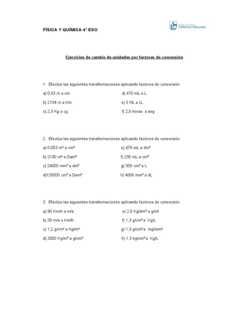 Ejercicios Factores Conversion 4c2ba Eso | PDF
