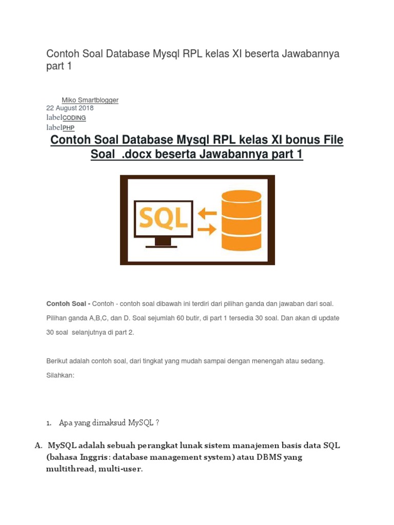 Contoh Soal Database Mysql RPL Kelas XI Beserta Jawabannya Part 1 | PDF