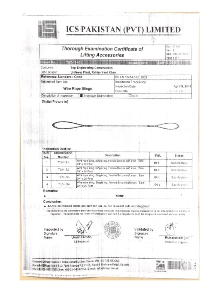 Sling & D-Shackle Certificate (TOP) | PDF