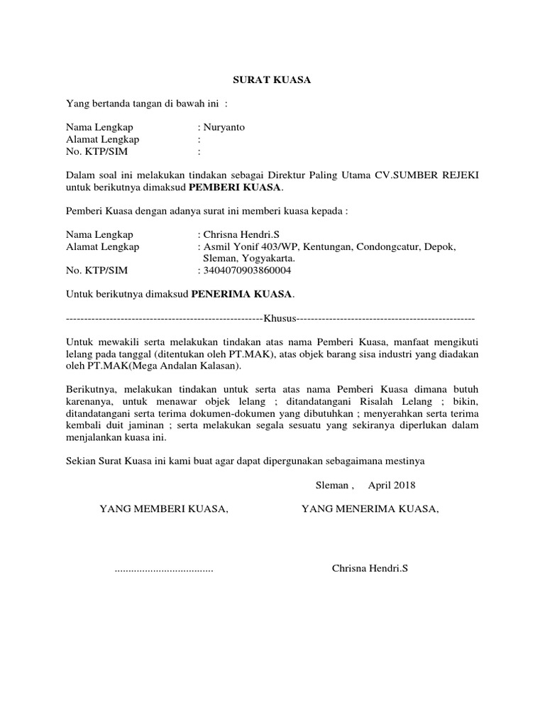 Surat Kuasa Mengikuti Lelang | PDF