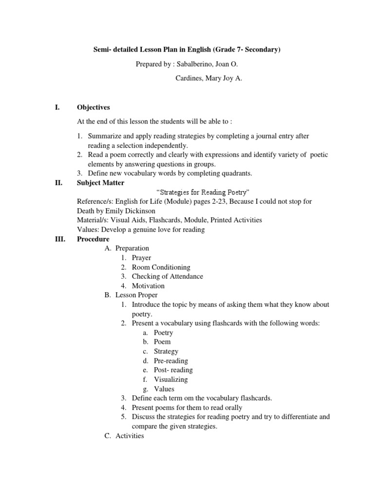 Lesson Plan Strategies of Reading Poetry | PDF | Poetry | Lesson Plan