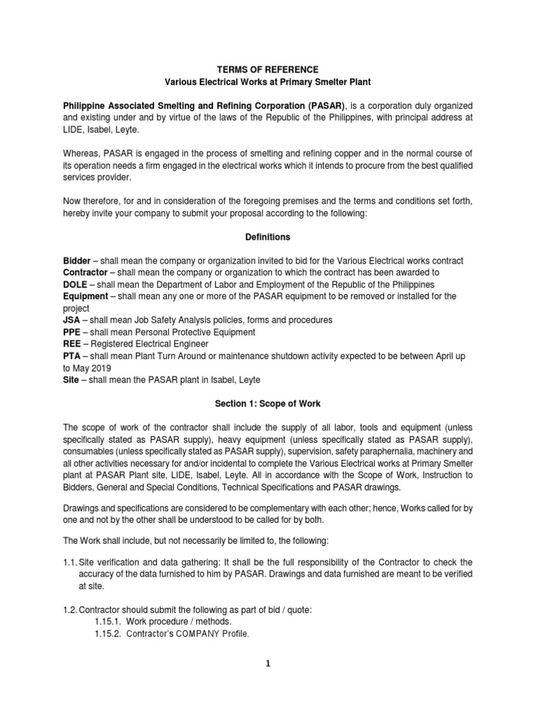 TERMS of REFERENCE - Electrical Works at Primary Smelter | PDF ...