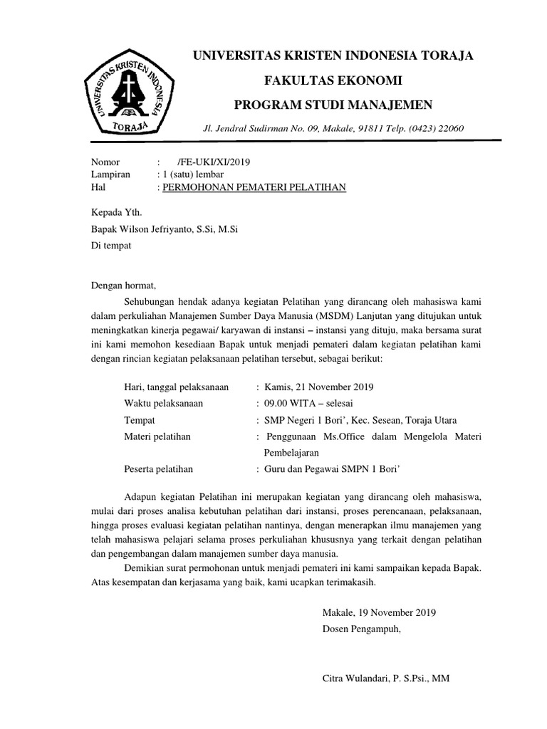 Surat Permohonan Pemateri Pelatihan | PDF