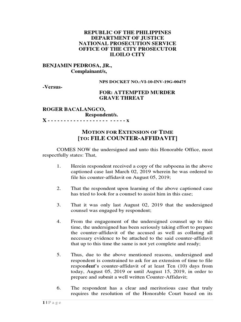 Motion For Extension To File Counter Affidavit (Bacalangco) | PDF ...