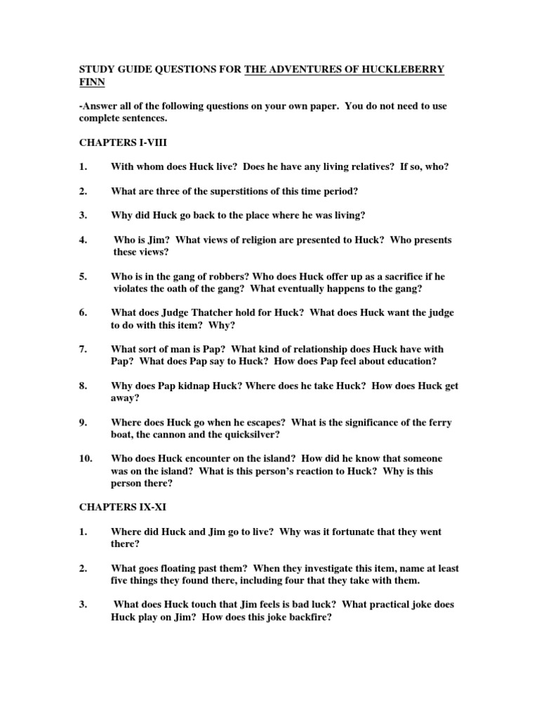 Huck Finn Study Questions | PDF | Huckleberry Finn