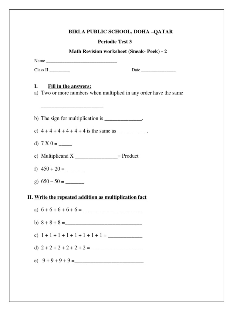 Grade 2 Math Revision Worksheet | PDF | Multiplication | Algebra