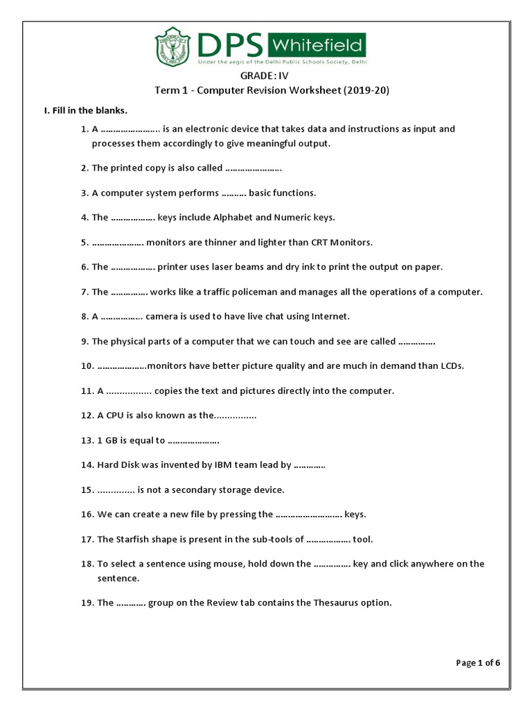 5145 Computer Grade 4 Revision Worksheet Term1 2019-20 | PDF | Computer ...