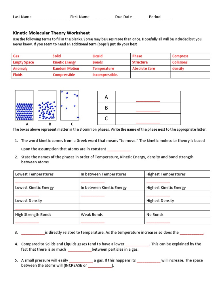 Kinetic Molecular Theory Worksheet: Phases of Matter and the Behavior ...