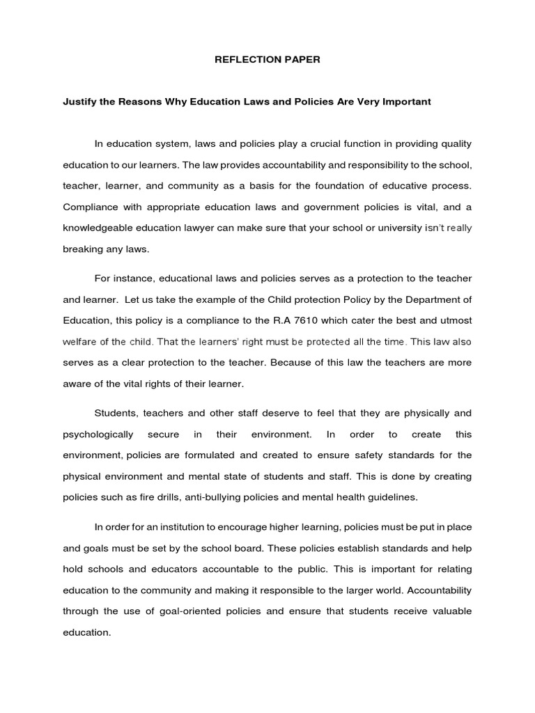 Reflection Paper On Educational Laws and Policies | PDF