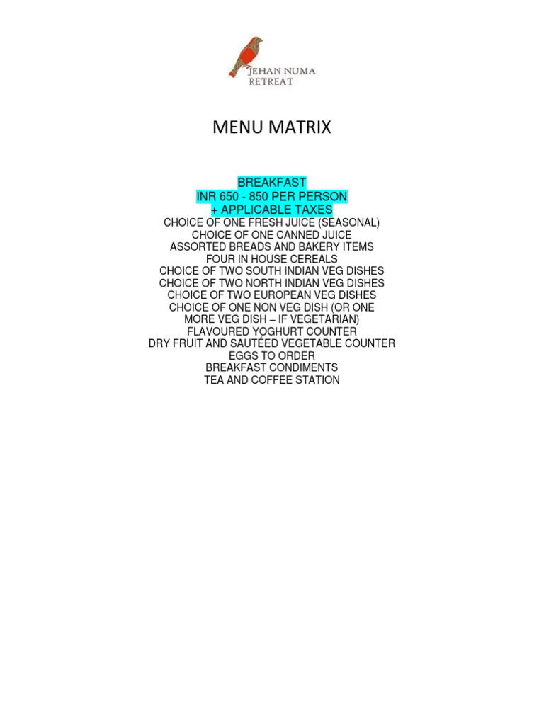 Menu Matrix | Download Free PDF | Desserts | Lunch