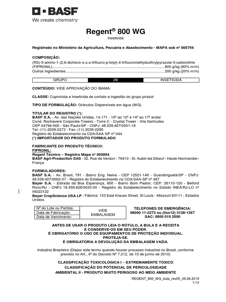 REGENT 800 WG Bula Rev05 05.06.2019 | PDF | Embalagem e rotulagem ...